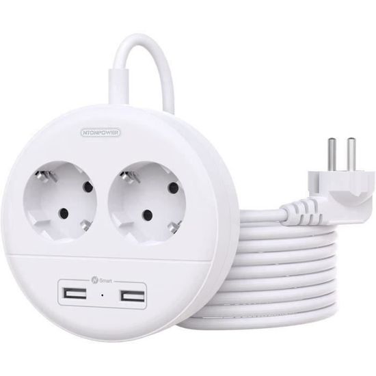 Ronde Multiprise Electrique 2 Prises avec 2 USB Ports, 5m Long Cable ...