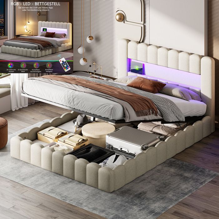 Lit coffre 180x200 cm LEWW - Lit double avec LED et chargement USB ...