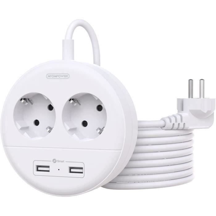 Ronde Multiprise Electrique 2 Prises avec 2 USB Ports, 5m Long Cable ...