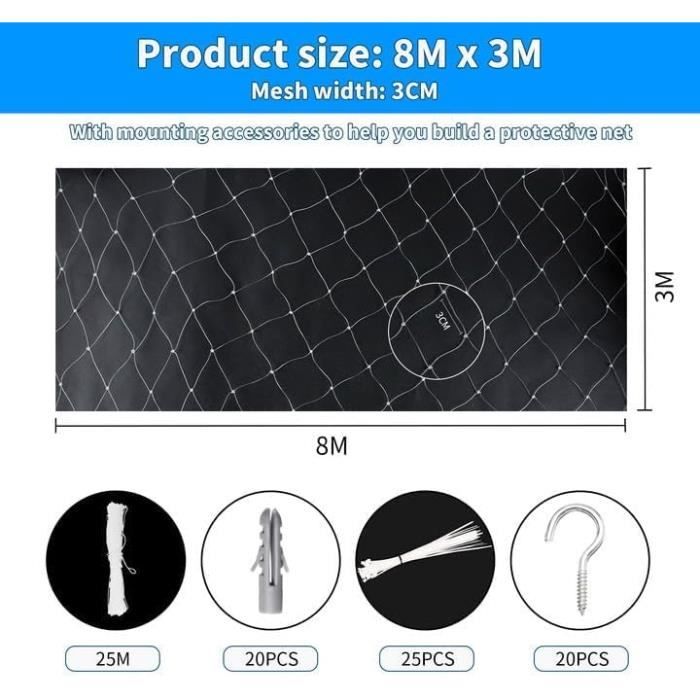 Filet de Protection - 3x8M - Transparent - Résistant aux intempéries ...