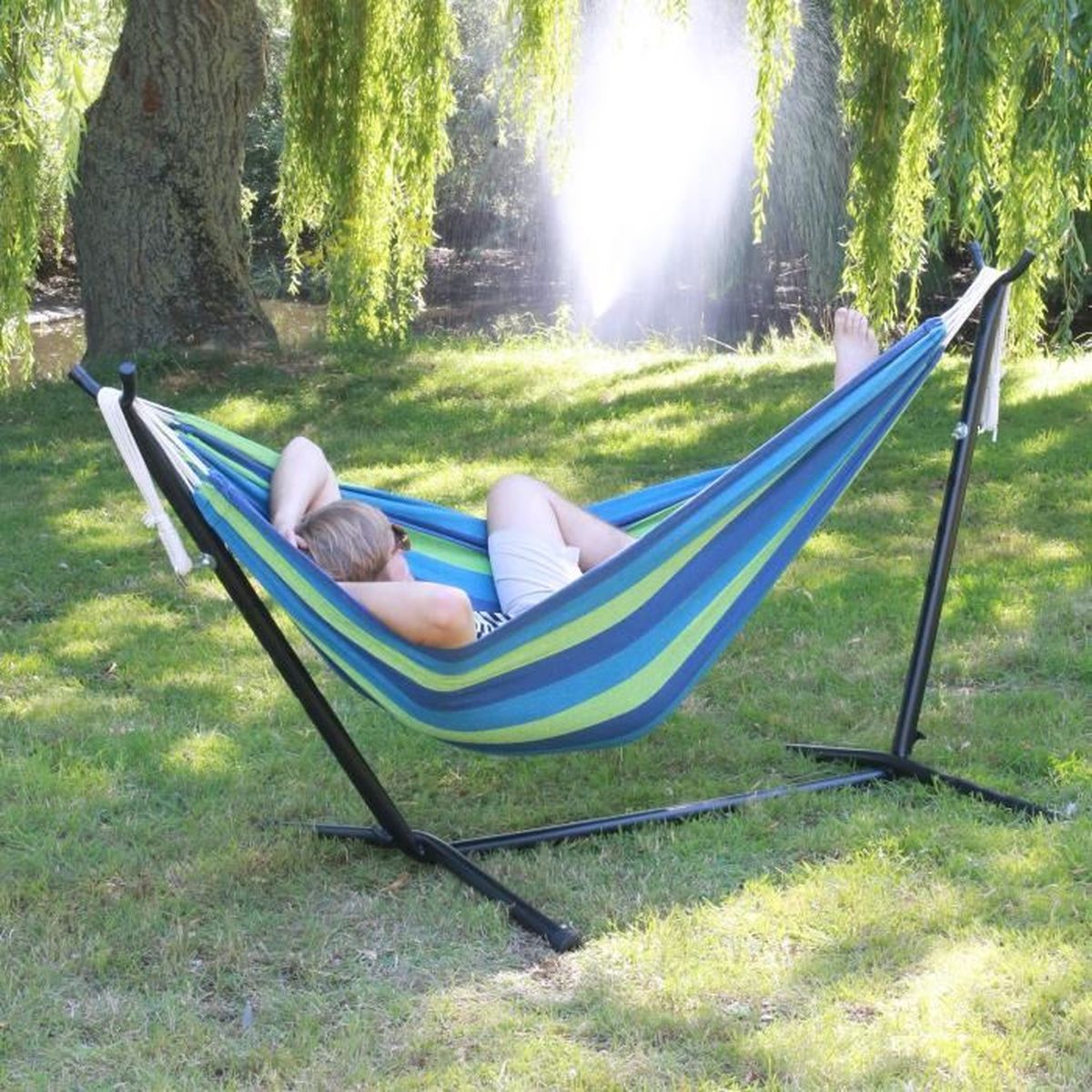 Hamac sur Pied 150cm Bleu et Vert -Hamac avec support en Métal 150 Kg ...
