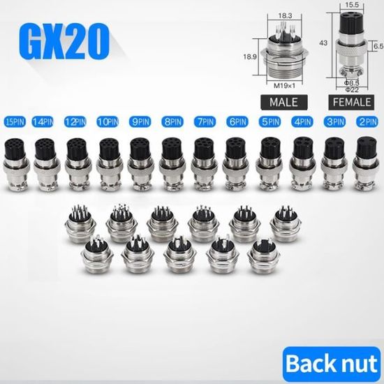 (GX20|5 Sets(Male Female)|15P)5/10/20Set GX12 GX16 GX20 2 3 4 5 6 7 8 9 10 12 14 15 Broches Mâle ...