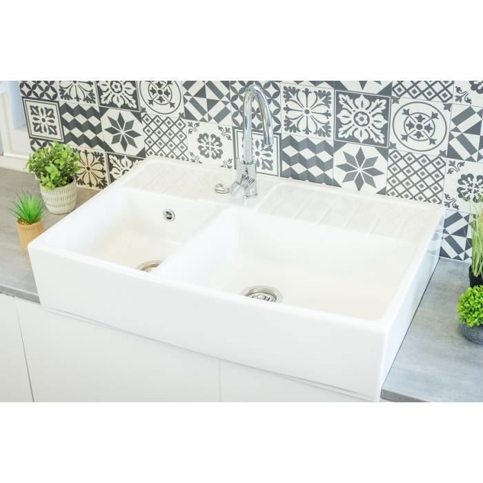 Evier Céramique Timbre D'office 2 Bacs Country Blanc - Cdiscount Bricolage