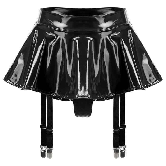 YONGHS Femme Mini Jupe Sexy Courte Plissée Cuir Verni avec Jarretières ...