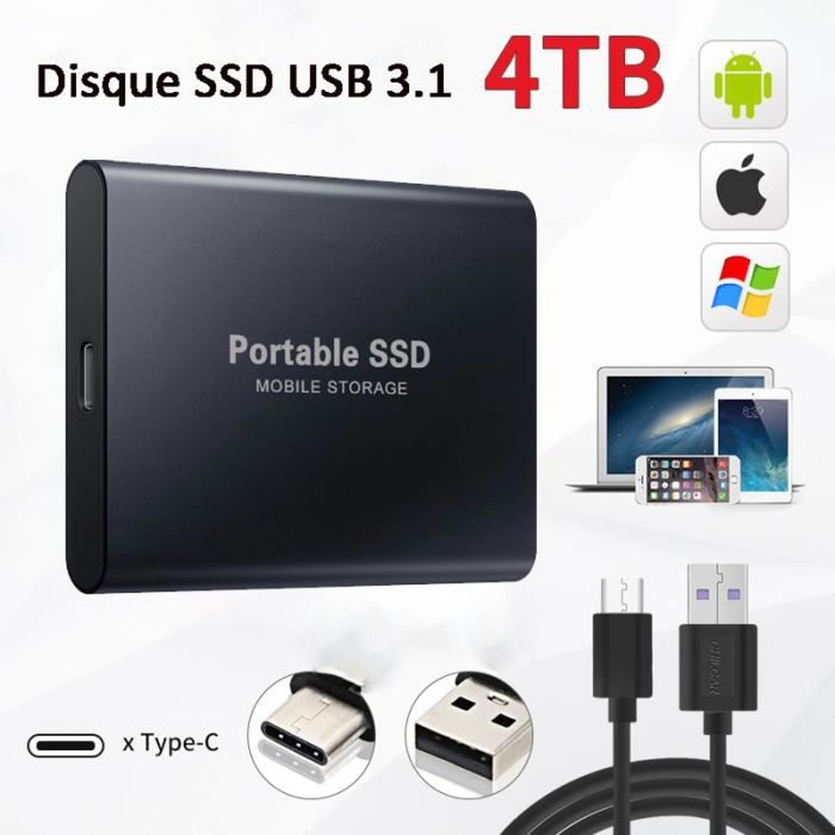 AMOUNE Disque SSD Mini Disque Dur Externe Portable 4TB - Noir Type-C ...