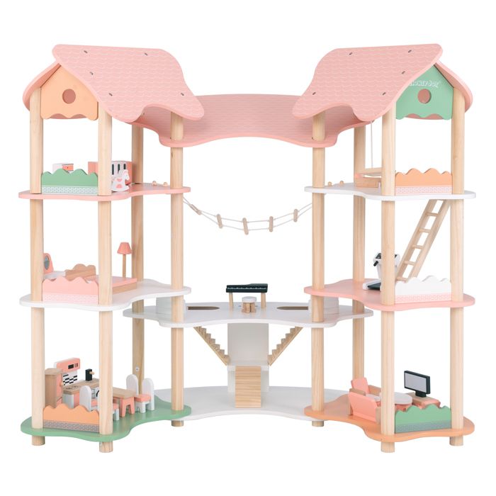 COSTWAY Maison de Poupée en Bois pour Enfant 3-8 Ans, 3 Étages avec 7 Pièces - 32 Accessoires ...