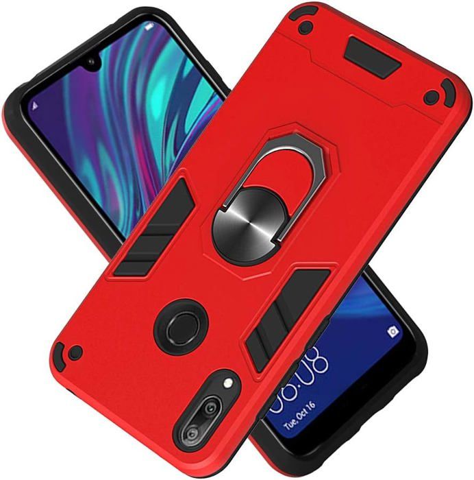 Coque Huawei Y7/Y7 Prime avec Bague Double Couche Renforcée, Housse Antichoc Rouge pour Huawei ...