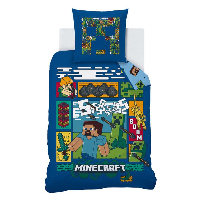 Parure de lit enfant 100% Coton - MINECRAFT UPDATE - Bleu nuit ...
