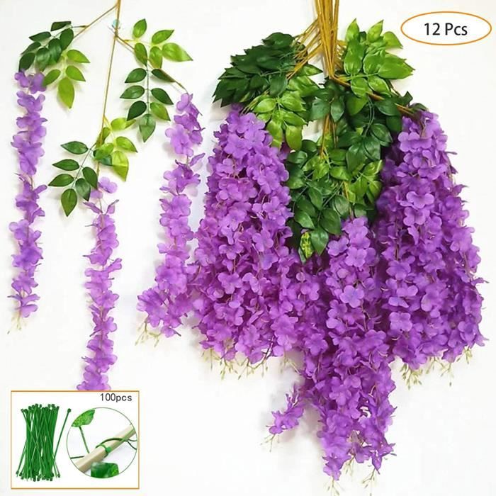 Feuilles Artificielles Fleur de Glycine Pourpre 12Pack Fausse Vigne ...