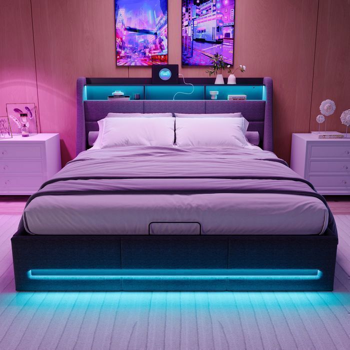 Lit 160x200 cm avec LED et USB, lit coffre 160x200 cm avec sommier à ...