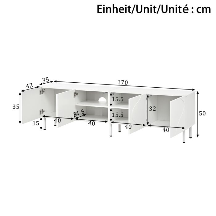 Meuble TV moderne, design aux lignes incurvées, 4 portes, 6 ...