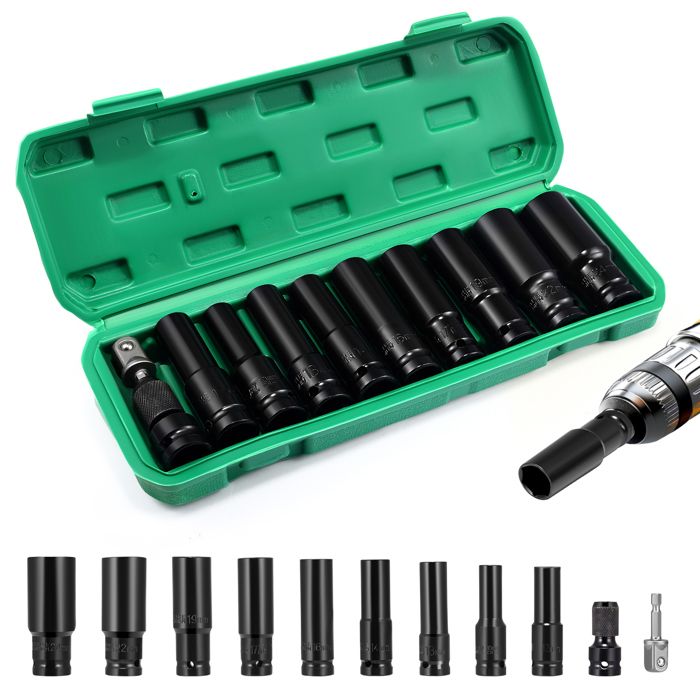 TTLIFE Jeu de Douille a Choc, Coffret Douille Hex Longue 1/2'', L'ensemble Comprend Douille 10 ...