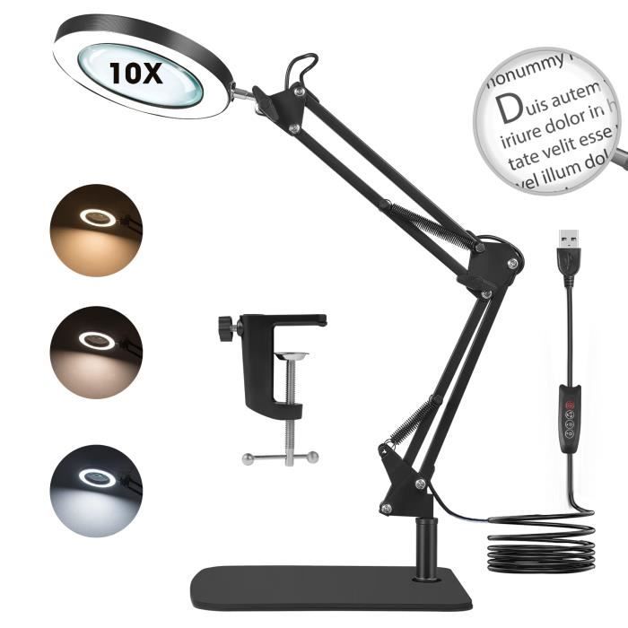 Lampe Loupe 5X avec LED en 3 Couleurs et 10 Luminosités Réglables Loupe sur Pied, pour Lire Les ...