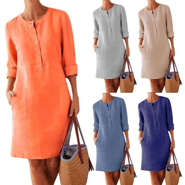 Robe,2020 Mode féminine En Autumne Couleur Unie En Coton Et Lin Robe mi ...