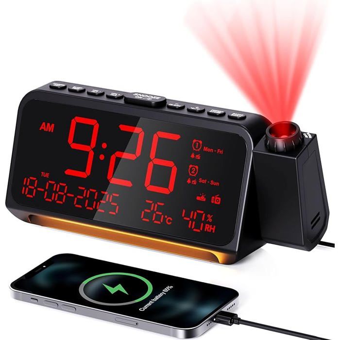 Radio-réveil numérique FM avec projection 320°, minuterie auto, mode ...