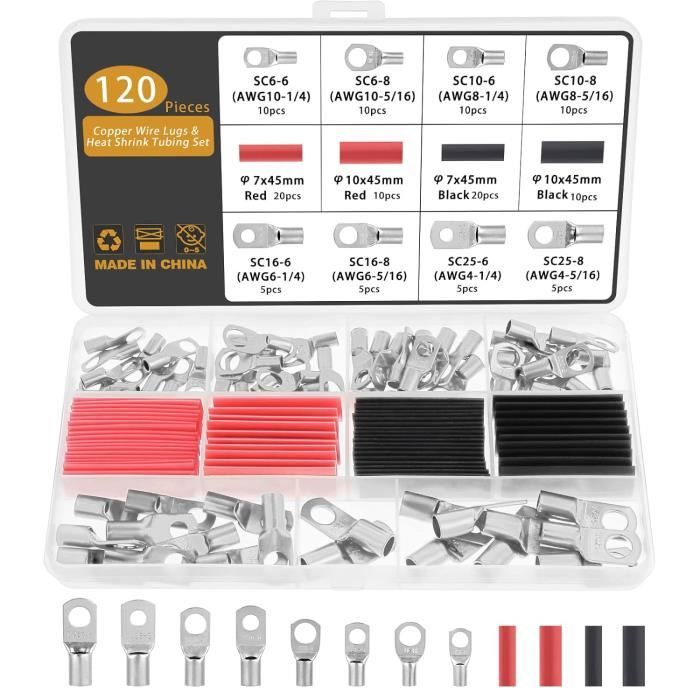 120 Pièces Cosse a Sertir 6-10-16-25mm², 8 Tailles M6 M8 Cosse Batterie a Sertir, Cosse ...