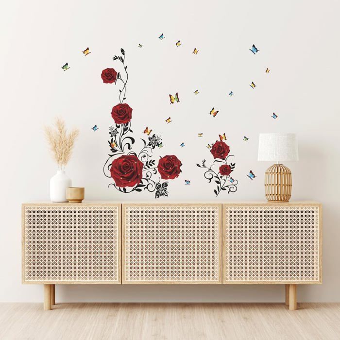 Stickers Muraux Roses Rouge Autocollants Muraux Fleurs de Roses Sticker ...