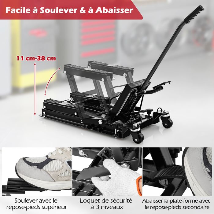 GOPLUS Lève-moto Hydraulique à Ciseaux Charge 680KG avec Manche Long-4 ...