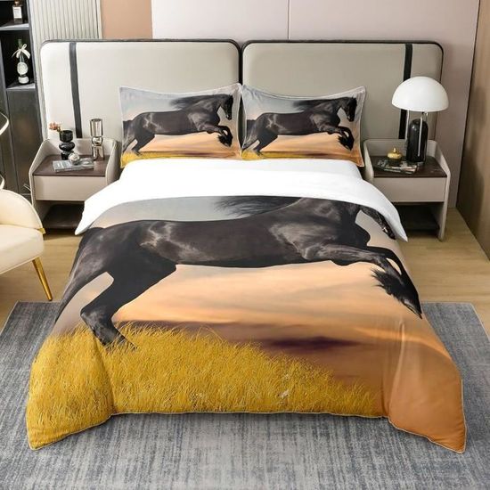 Parure De Lit 140X200 Cheval En 100% Coton, Housse De Couette Cheval Noir, Ensemble De Literie ...