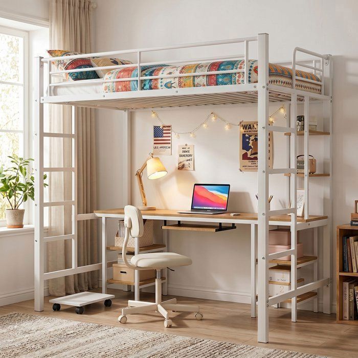 Lit Mezzanine en Métal avec Bureau, 90 x 200cm, avec 3 Etagères, 2 ...