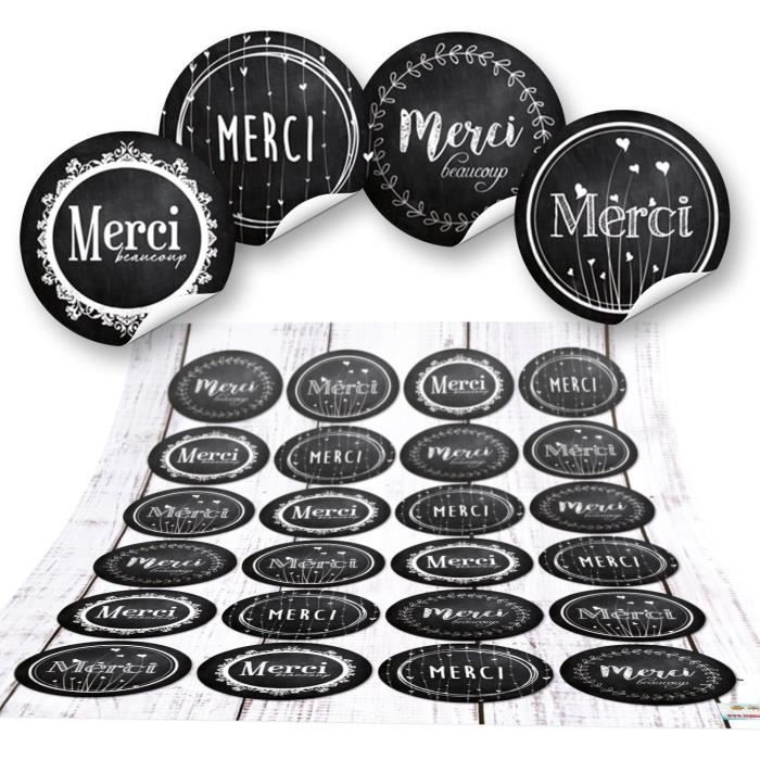 24 Étiquettes Merci Autocollantes Blanc Noir Ø 4 Cm Rond Auto-Adhésif ...