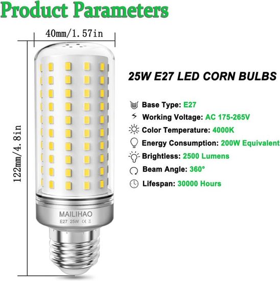 Led Ampoules 25W,4000K Blanc Neutre 1900Lm 200W Équivalent Ampoules À Incandescence,Bougie ...