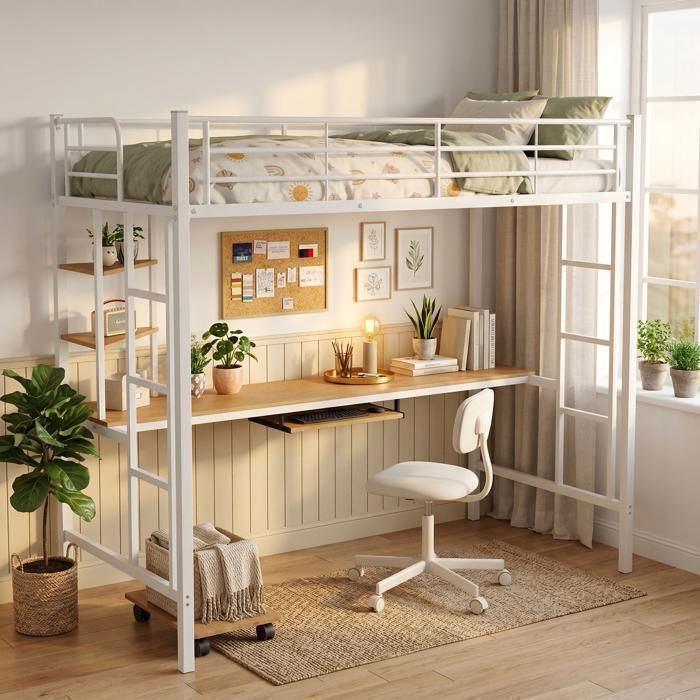 Lit Mezzanine en Métal avec Bureau, 90 x 200cm, avec 3 Etagères, 2 ...