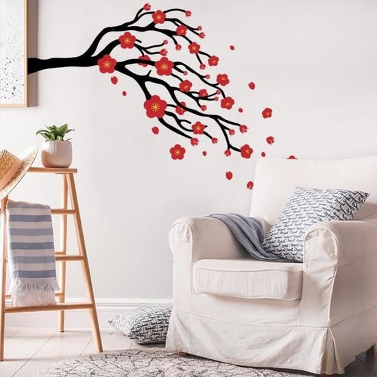 Stickers Muraux Fleur Rouge Autocollants Muraux Branche Noire Bricolage ...
