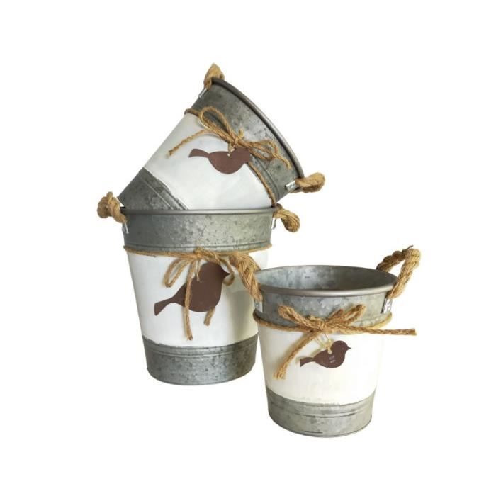 Set de 3 cache-pots en métal blanc gris et marron - CHEMIN DE CAMPAGNE ...