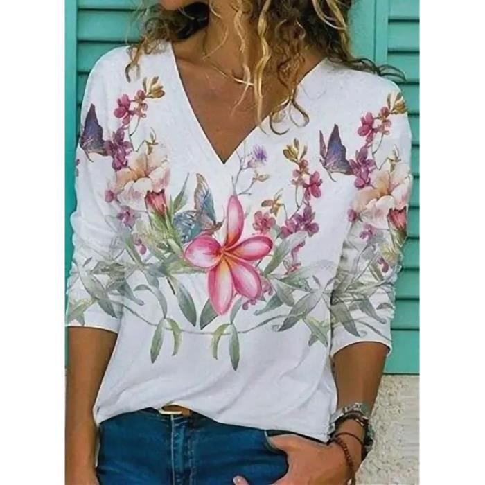 Chemise,Chemisier à fleurs style Boho pour femme,col en v,manches 3-4 ...
