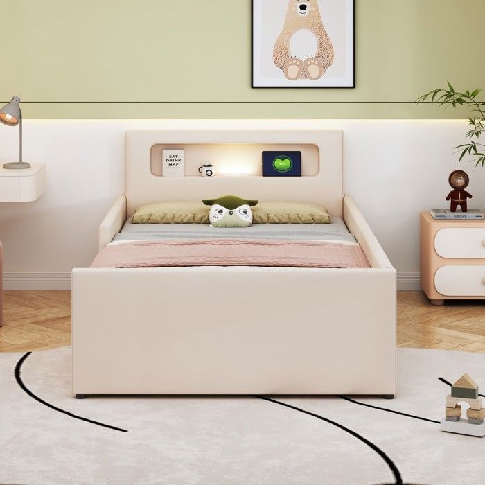 Lit enfant - LINHOO - 90 x 200 cm - Similicuir beige - USB, veilleuse ...