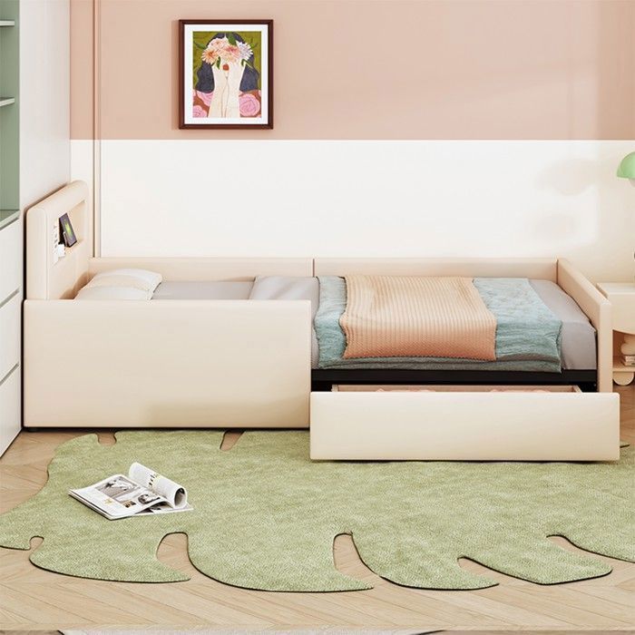 Lit enfant - LINHOO - 90 x 200 cm - Similicuir beige - USB, veilleuse ...