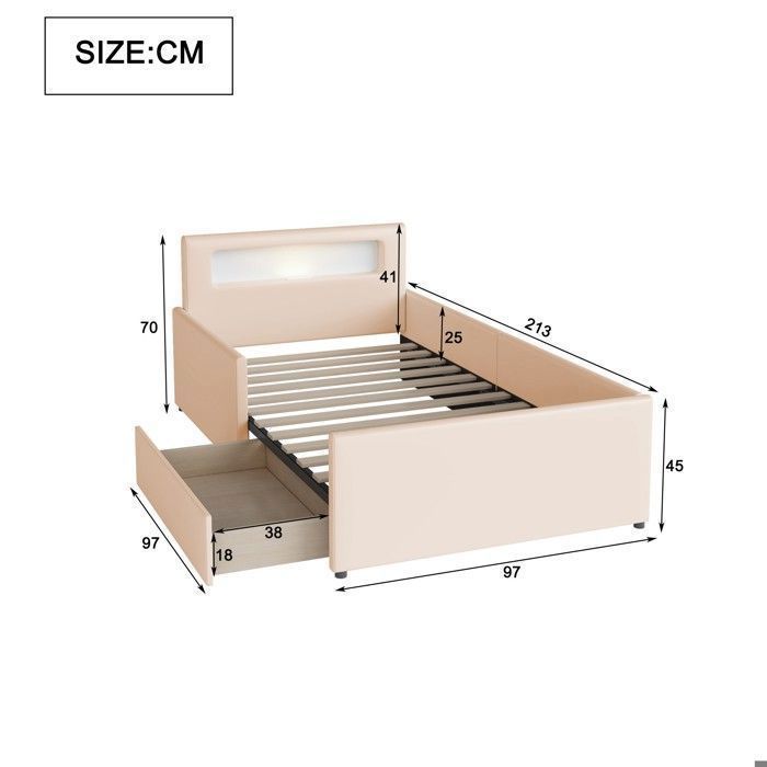Lit enfant - LINHOO - 90 x 200 cm - Similicuir beige - USB, veilleuse ...