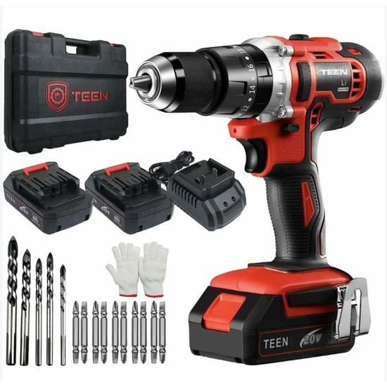 Perceuse visseuse dévisseuse sans fil à percussion 2 batteries 20V coffret forets embouts ...