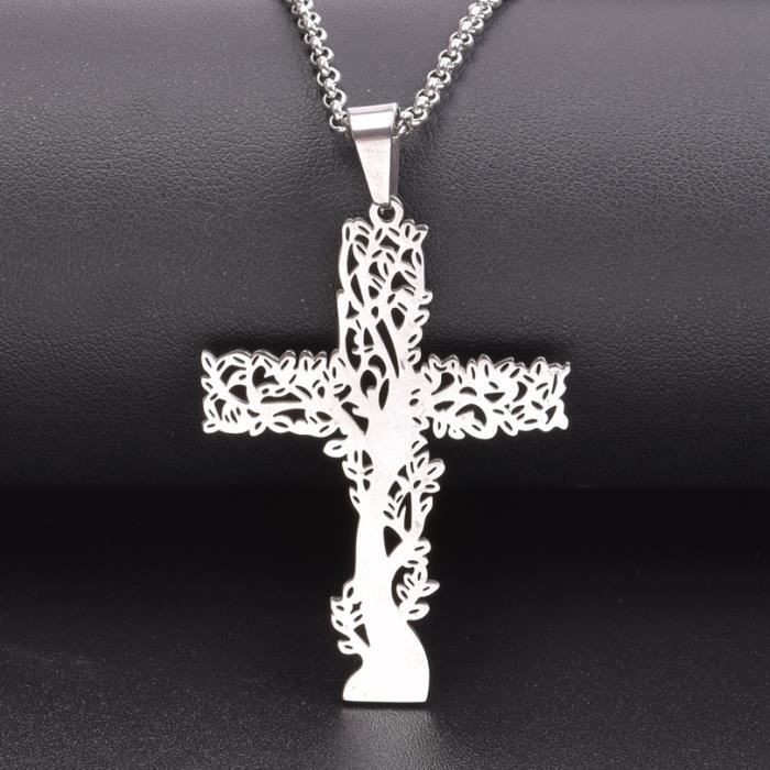 Collier Hombre Pendentif Croix Arbre De Vie En Acier Inoxydable Pour ...