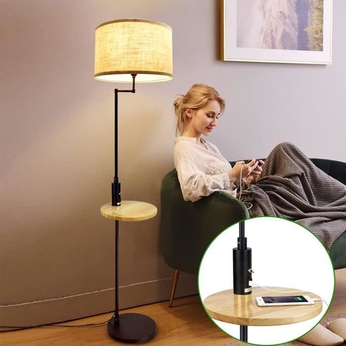 Lampadaire Led Avec Table De Bois, Lampadaire 167Cm Avec Port Usb ...