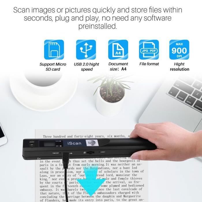 Mini Scanner de Poche Haute Resolution Portable Cordless 900 DPI Format ...