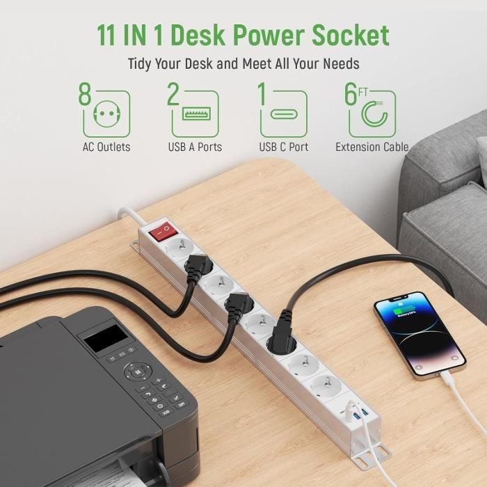 Multiprise Electrique Parafoudre 8 Prises et USB C PD20W, Aluminium ...