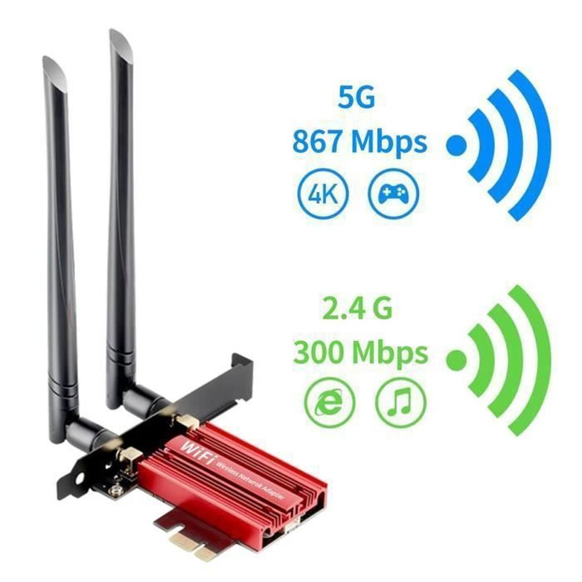 Carte WiFi 5G PCIe Carte WiFi Pour PC 867 Mbps Bluetooth 5.2 adaptateur sans fil Bi-bande ...