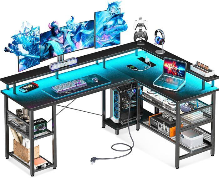 Bureau LED Réversible, Table de Jeu avec 2 Prises et 2 Ports USB ...
