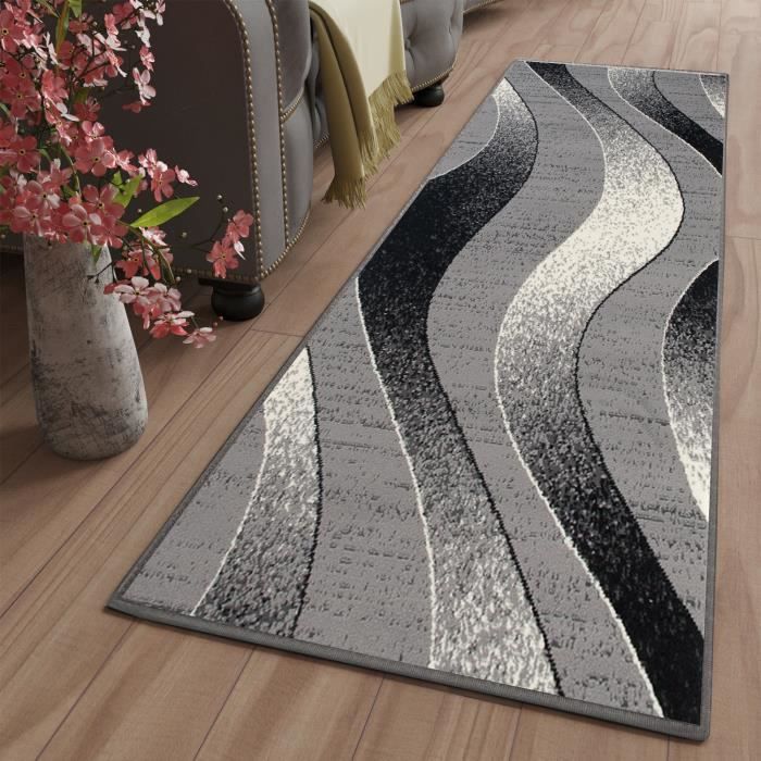 TAPISO Dream Tapis de Passage Moderne Vagues Gris Noir Blanc Fin 100 x ...
