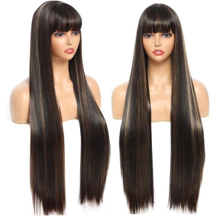 Perruque Avec Frange 80 Cm Synthétiques Longue Perruques Droites Noire ...