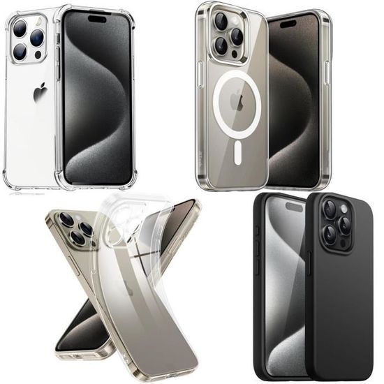 Lot 4x Coques pour iphone 15 pro max coque silicone transparent magsafe ...