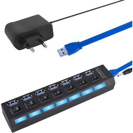 Hub Usb 3.0 Alimenté Pour Pc: 7 Ports Adaptateur Usb - Prise Usb Multiple Pour Ordinateur ...