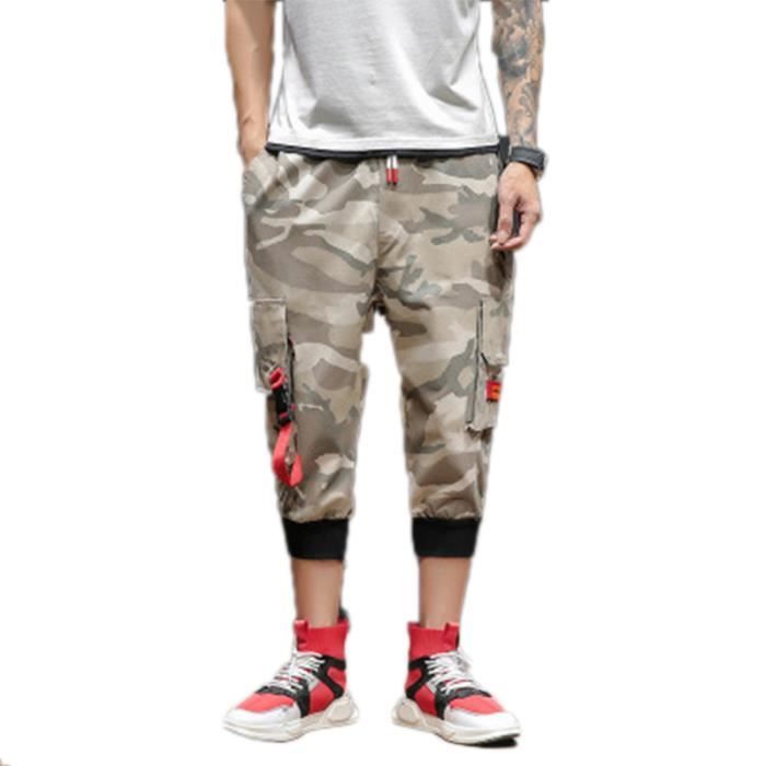 Pantacourt homme cargo multi-poches camouflage militaire couleur unie ...