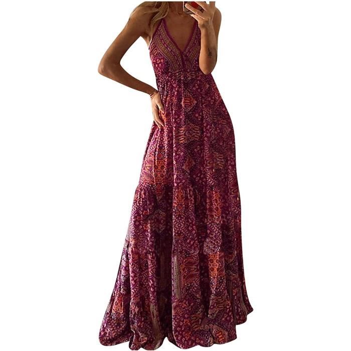 Robe Longue Femme Ete Robe de Plage Décolleté Col en V Impression ...