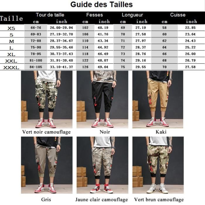 Pantacourt homme cargo multi-poches camouflage militaire couleur unie ...