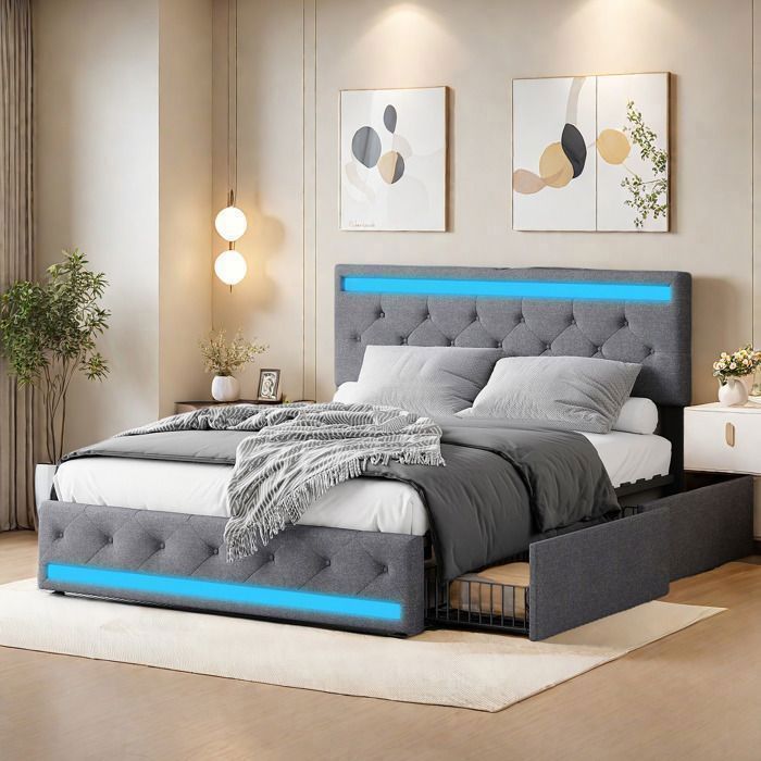 Luminarix Lit 180 x 200 cm avec Sommier, avec LED et USB, avec 4 tiroirs en métal,Lit Coffre ...