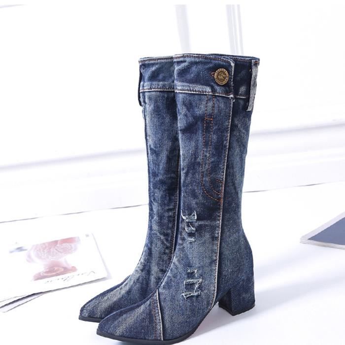 Femmes Chaussures Mode Boutons Denim Pointe Pointue Mi-talon Talon ...