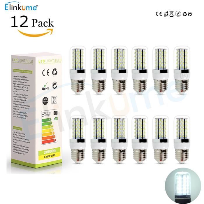 ELINKUME Lot de 12 Ampoules LED E27 8W équivalence 55W Blanc Froid 120 SMD 3014 LEDs AC220V ...